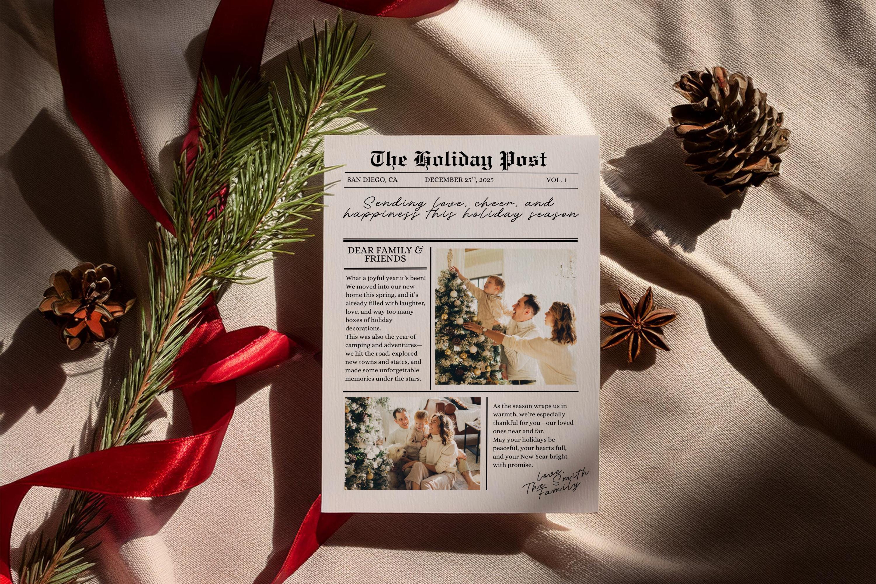 Holiday Photo Christmas Card Template, Newspaper: Editable Holiday Card ...