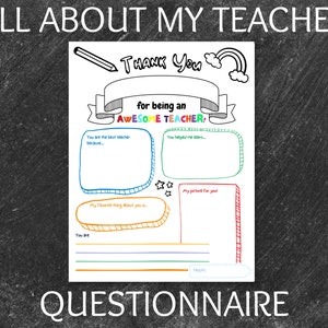 All About My Teacher Questionnaire: Teacher Appreciation Gift ...