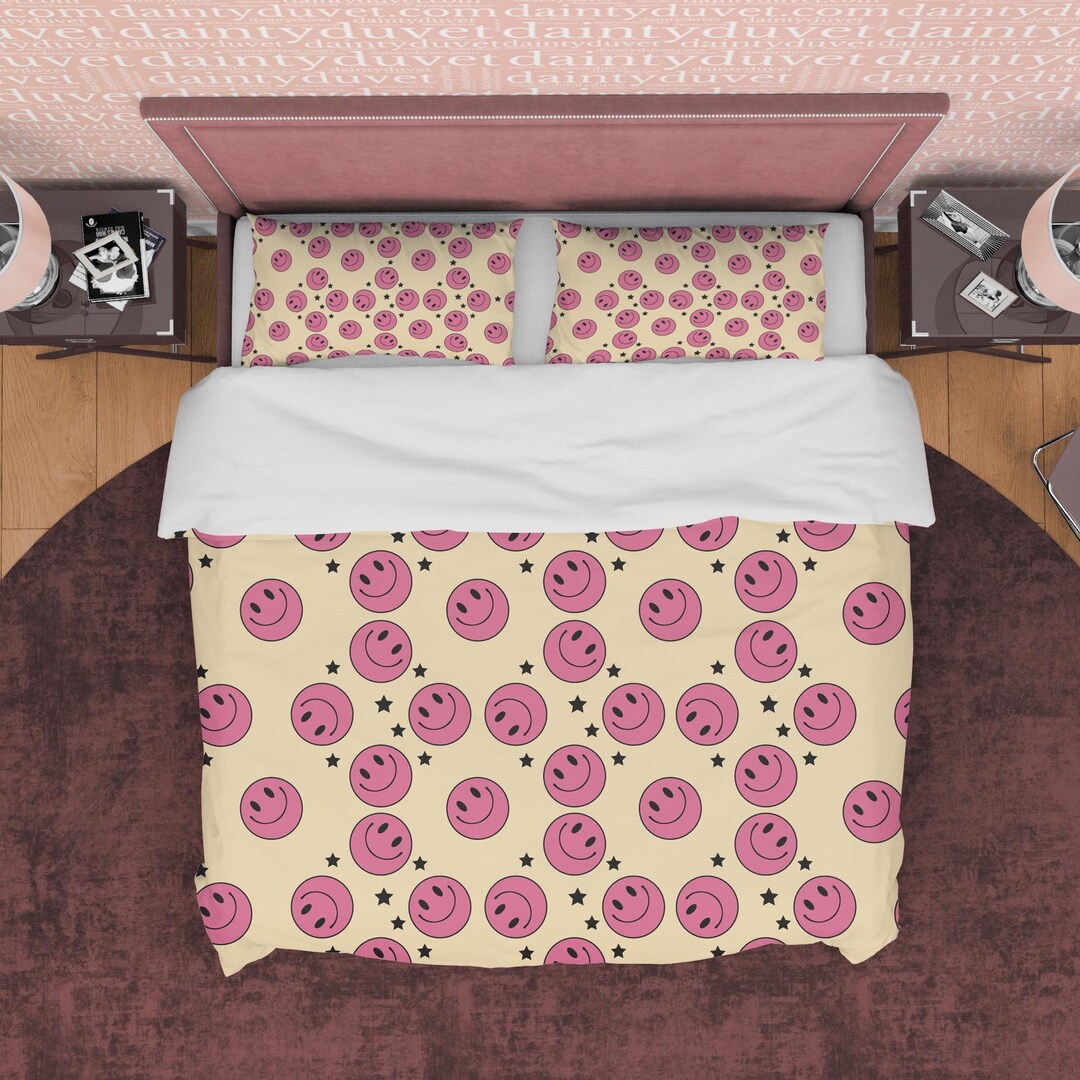 Pink Cute Smile Beige Duvet Cover Set Retro Bedding, Indie Aesthetic ...