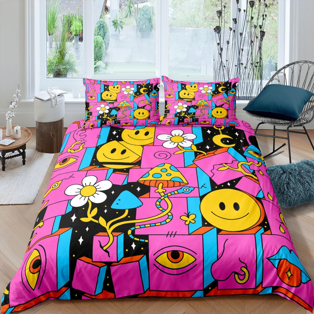 Hot Pink Psychedelic 90s Nostalgia Hippie Bedding Retro Duvet Cover Set ...