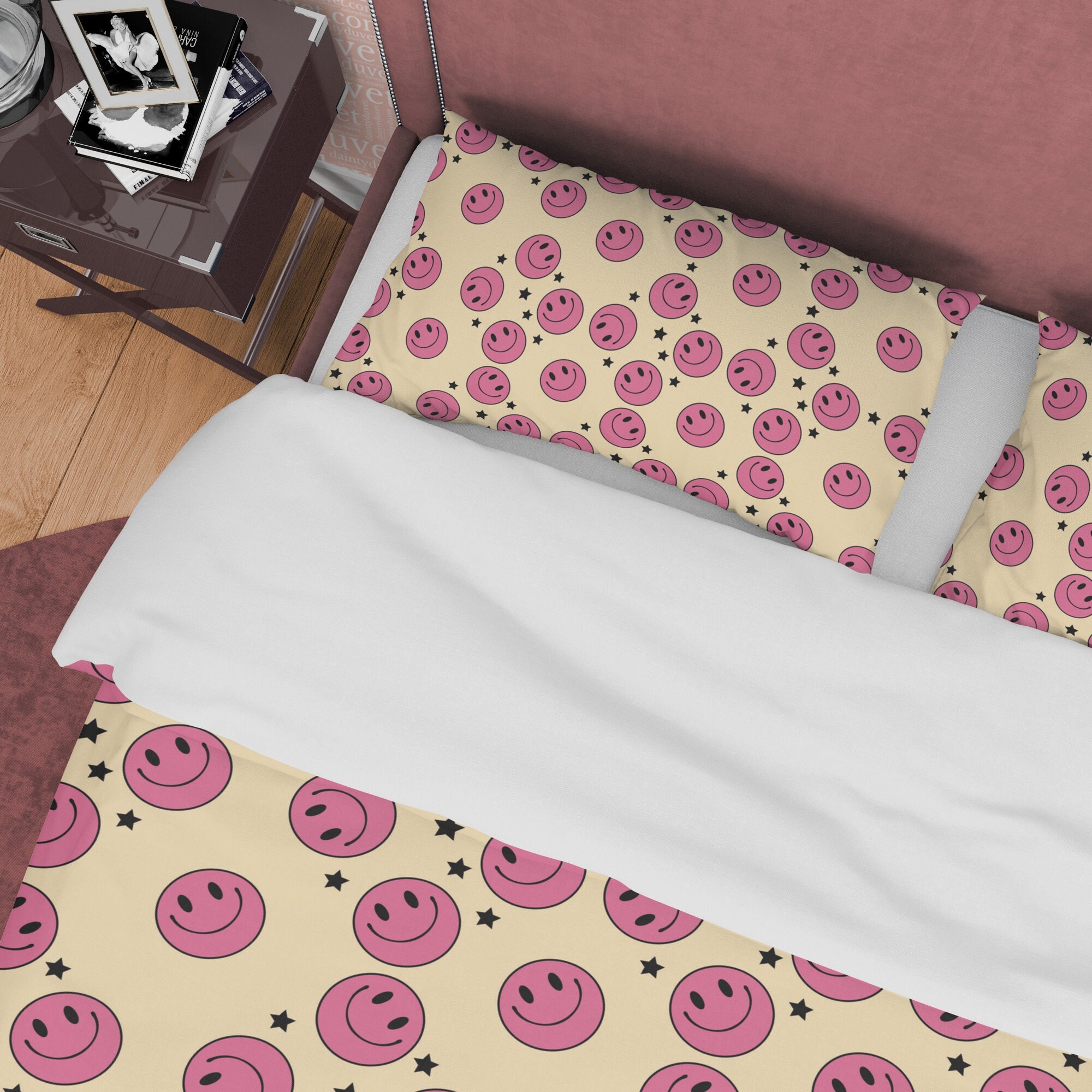Pink Cute Smile Beige Duvet Cover Set Retro Bedding Indie - Etsy