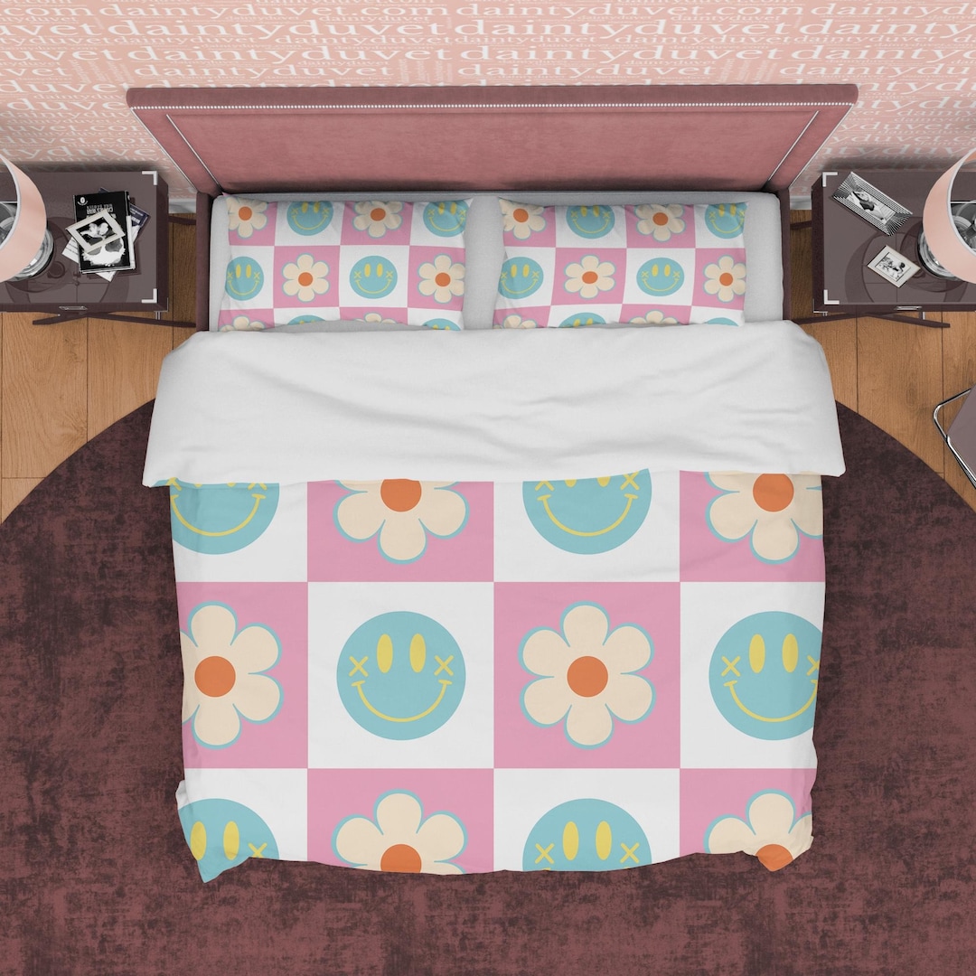 Pink & White Checkerboard Duvet Cover Set Cute Retro Bedding, Indie ...