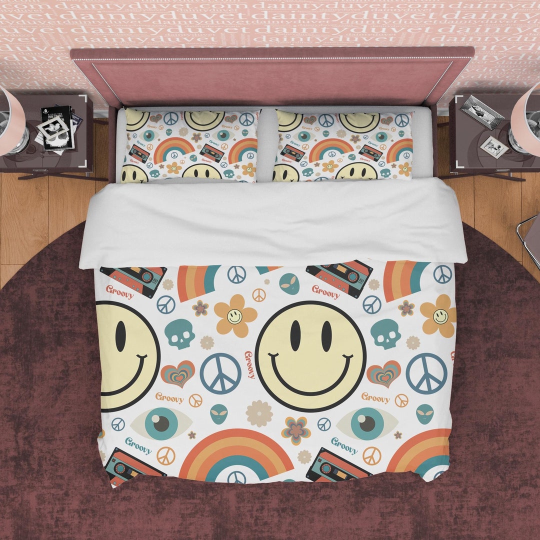 Smile & Peace Sign Duvet Cover Set White Retro Bedding, Indie Aesthetic ...