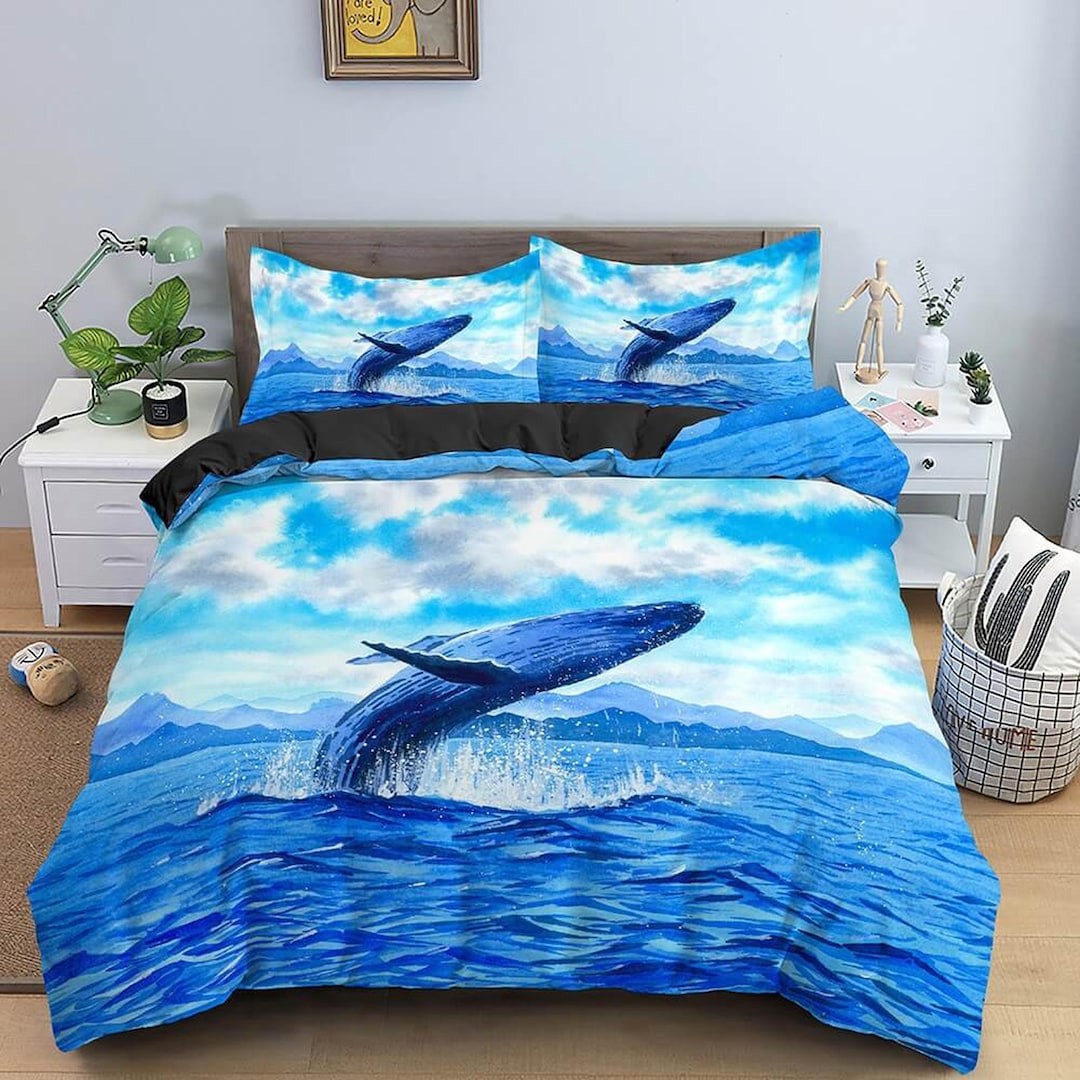Realistic Blue Whale Cotton Duvet Cover Ocean Quilt Cover, Marine Ocean ...