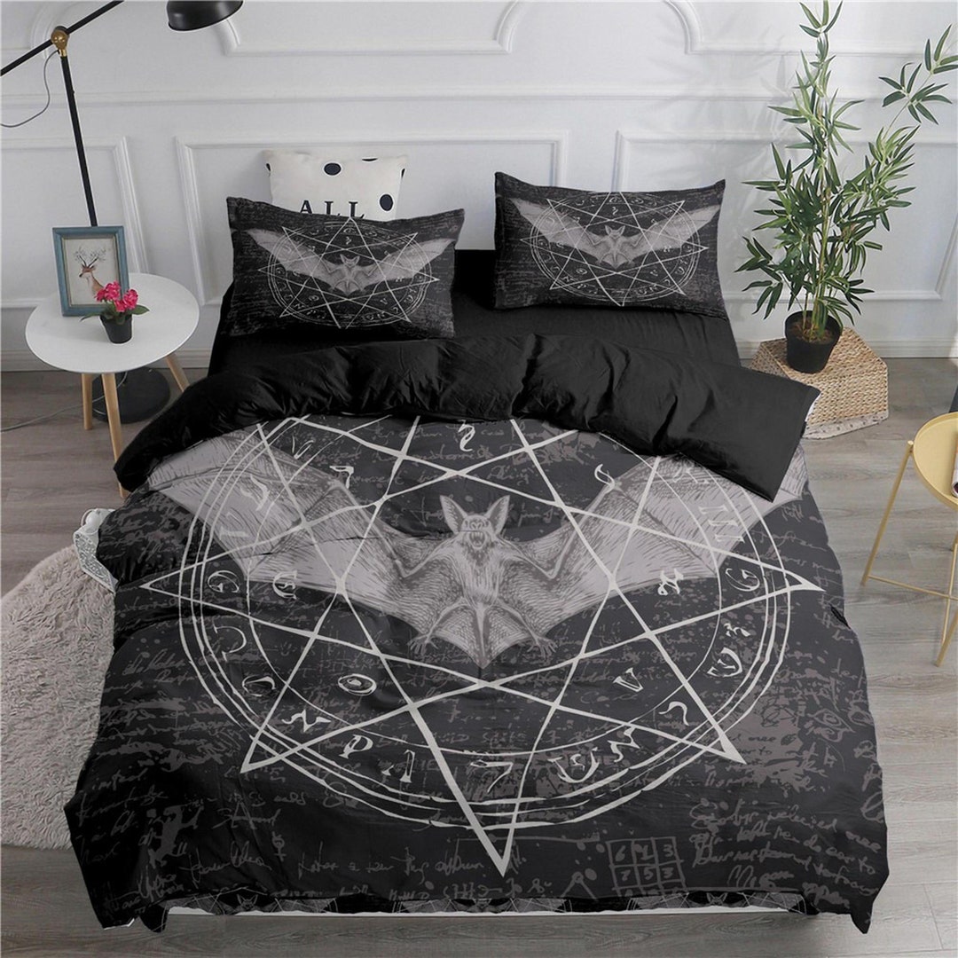 Alchemy Goth Bat Halloween Bedding & Pillowcase, Black Duvet Cover Set ...