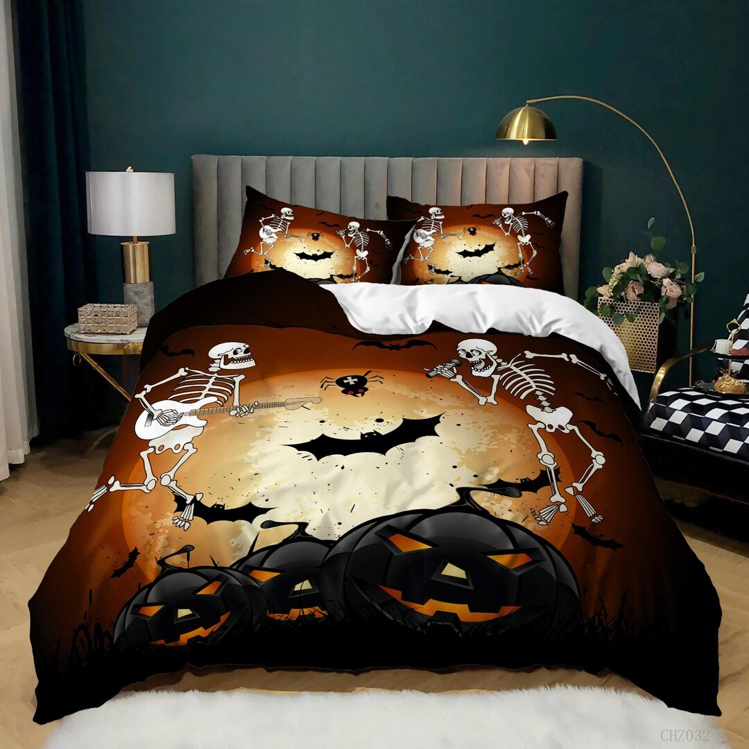 Skeleton and Pumpkin Halloween Bedding & Pillowcase, Brown Duvet Cover ...