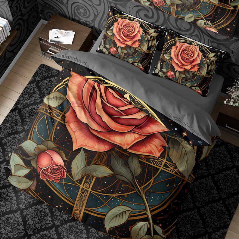 Vintage Rose Dark Royalty Aesthetic Duvet Cover Orange Flower Quilt ...