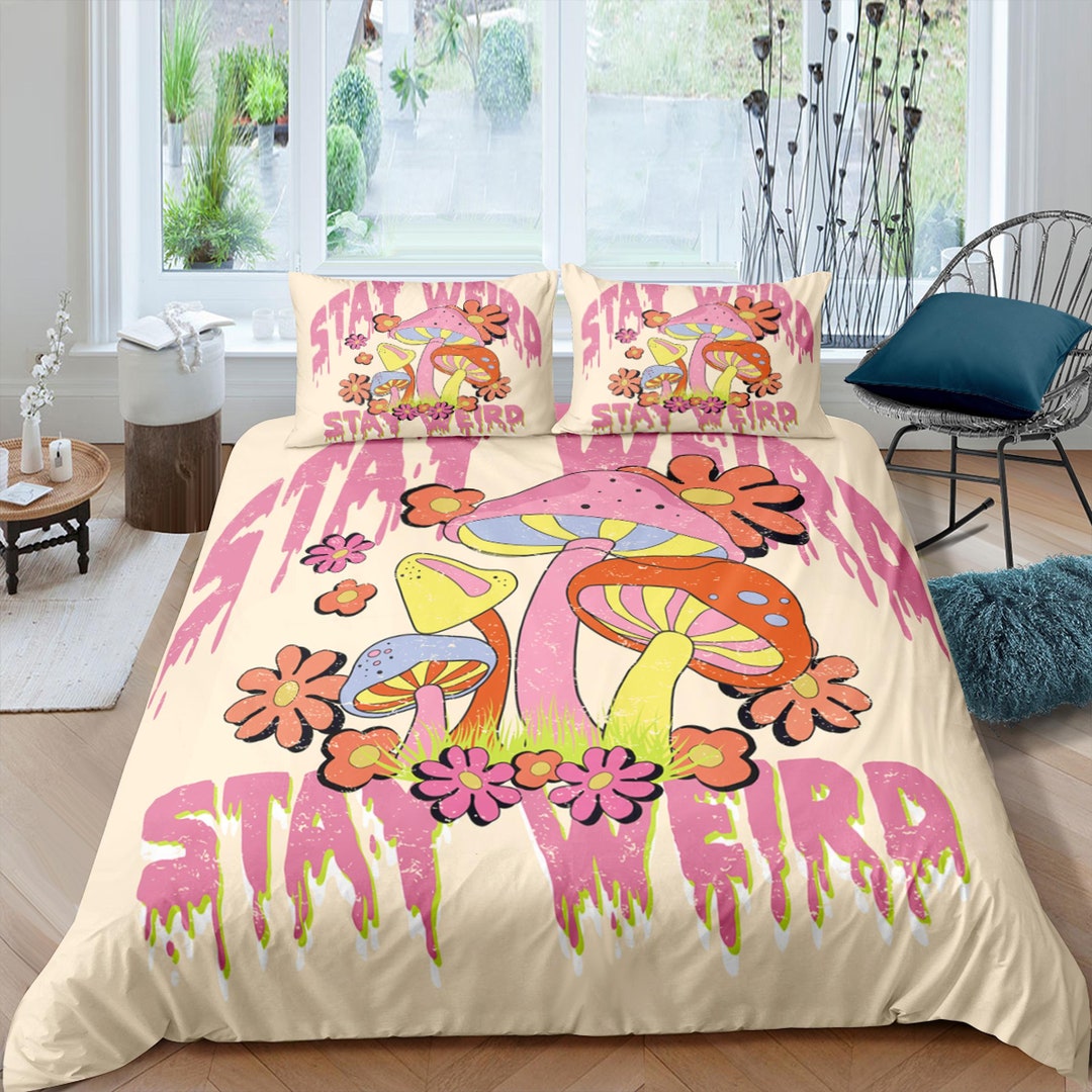 Stay Weird 90s Nostalgia Hippie Mushroom Bedding Boho Retro Duvet Cover ...