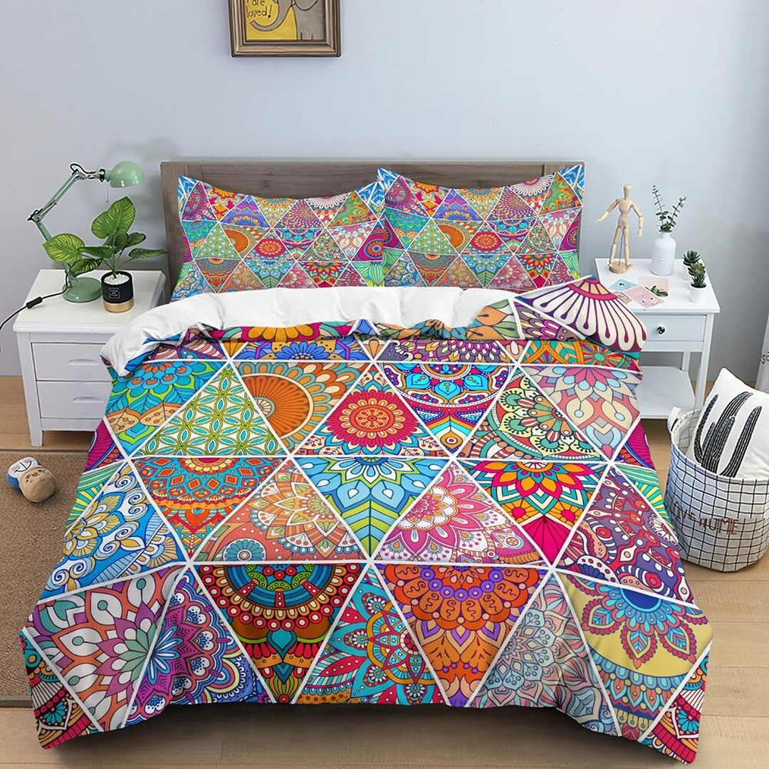 Colorful Mexican Patchwork Quilt Printed Duvet Cover Set, Aesthetic ...