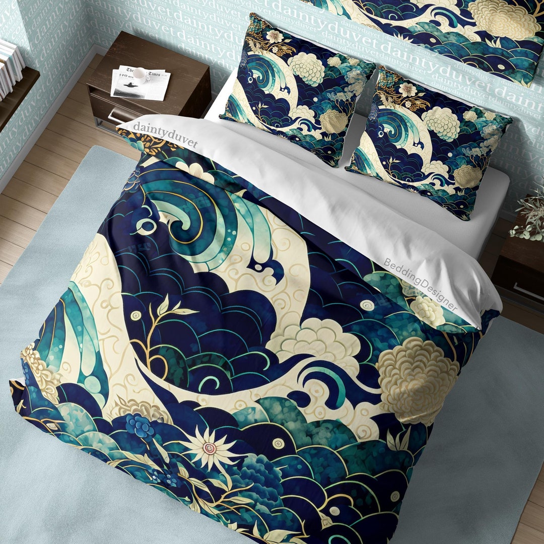 Kanagawa Great Wave Duvet Cover Japanese Pattern Bedding Set, Cotton ...