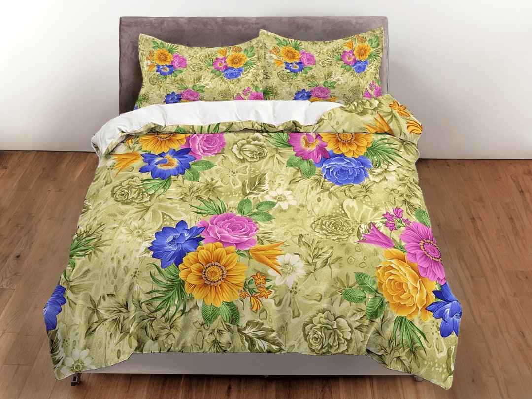 Colorful Flowers Cotton Duvet Cover Retro Quilt Cover, Green Bedding ...