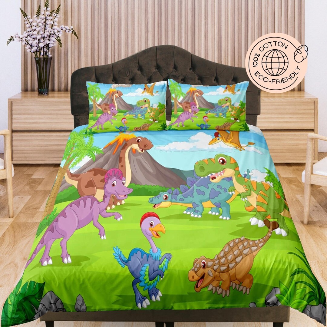 Dinosaurs in Field With Volcano, Cotton Duvet Cover Set for Kids ...