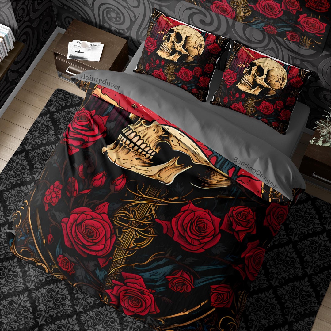 Skull Rose Whimsigothic Duvet Cover Life and Death Quilt Cover, Dark ...