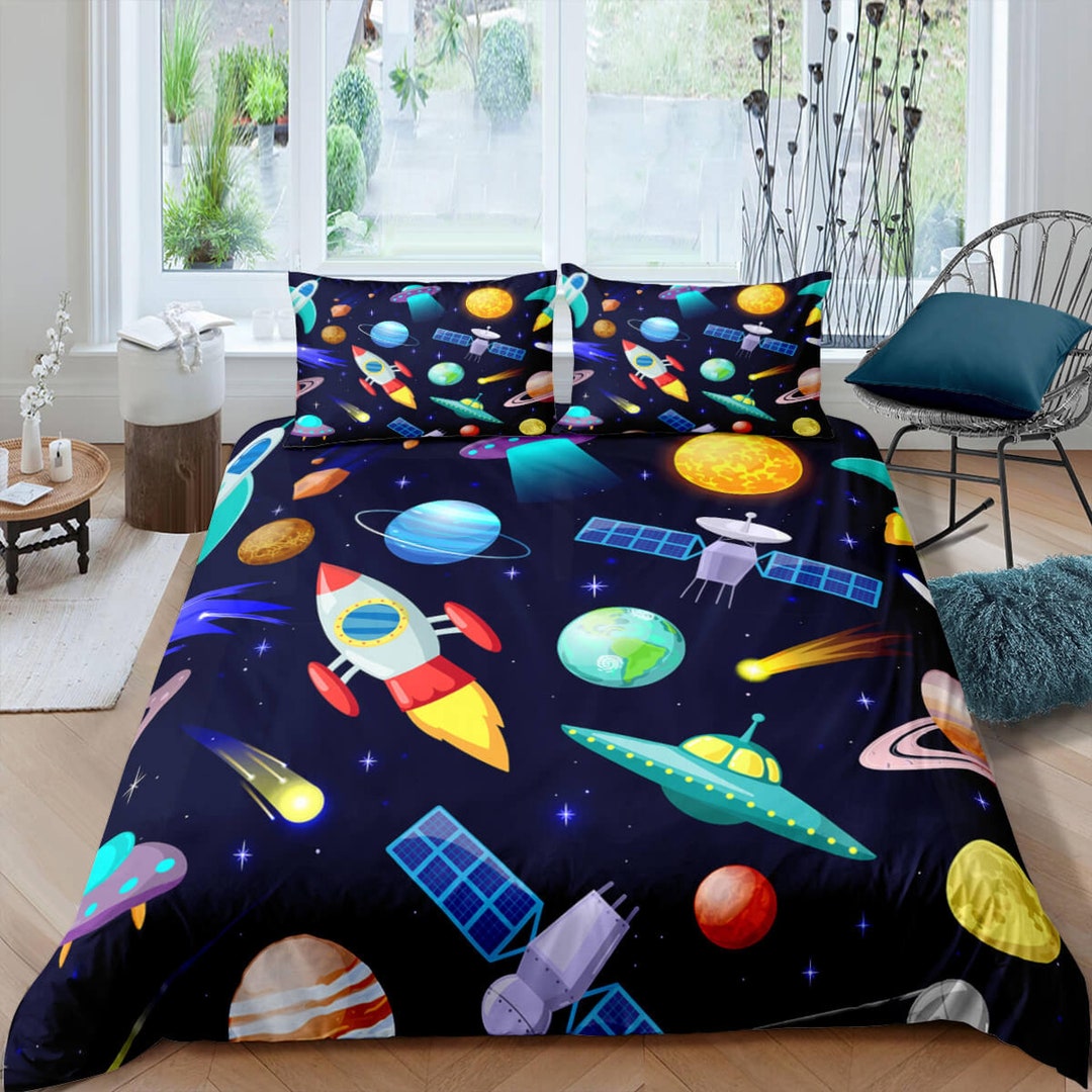 Satellite and Spaceship Duvet Cover Set for Kids, Galaxy Bedding Set ...