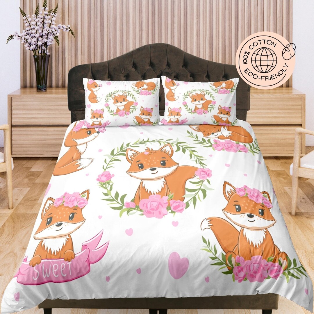 Fox Duvet Cover Set, Pink and White Floral Bedding Set, Adorable Animal ...