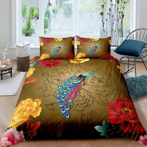 Colorful Peacock Aesthetic Bedding Set Full Luxury Duvet Etsy