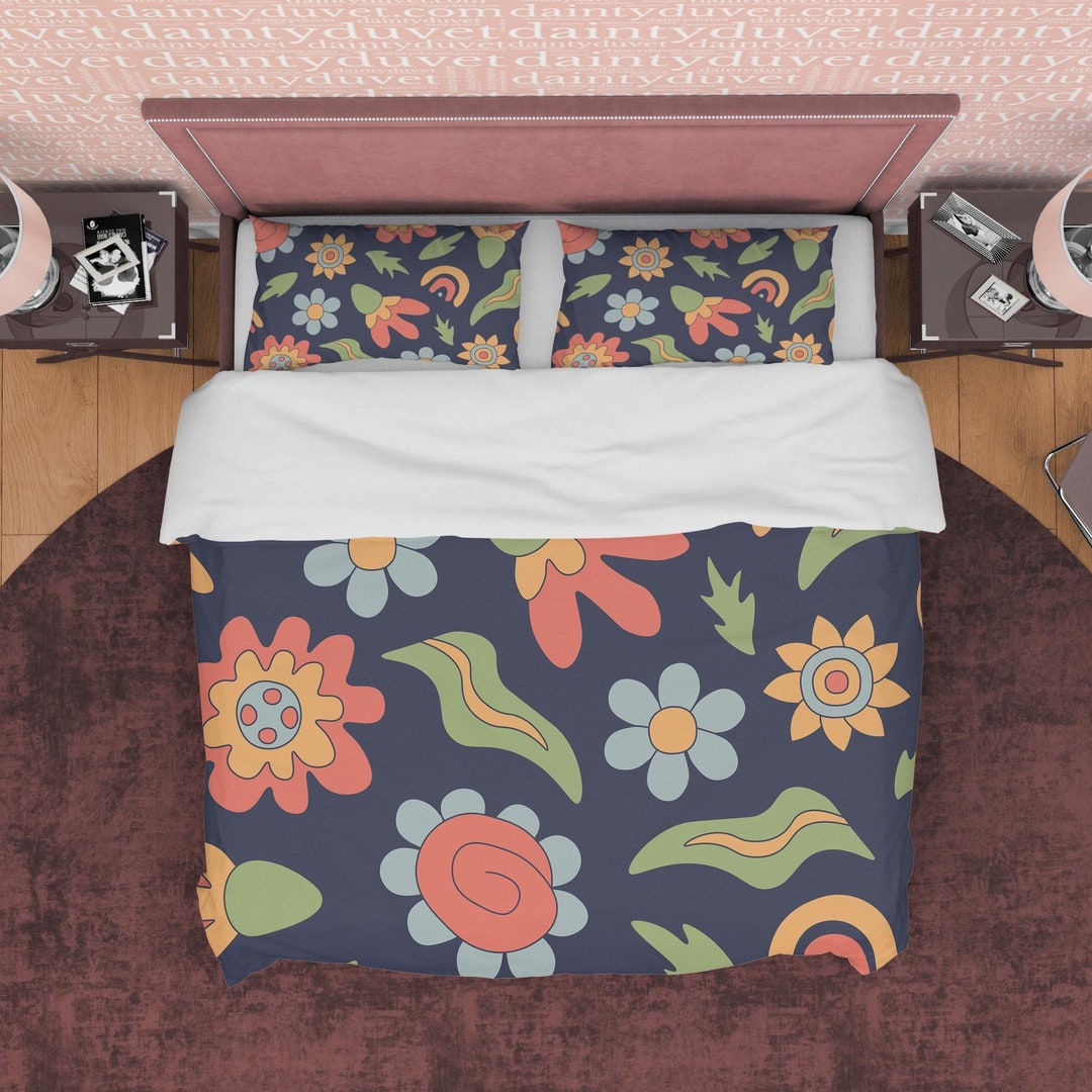 Abstract Flower Duvet Cover Blue Quilt Cover, 90s Nostalgia Bedding Set ...