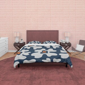 Flowy Shaped White Flowers in Blue Grey Duvet Cover Set, Aesthetic ...