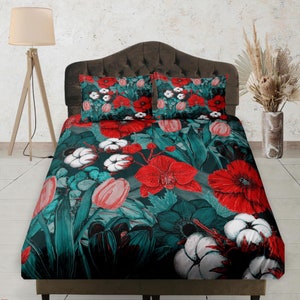 Red Poppy and Wild Flowers Fitted Bedsheet Deep Pocket, Floral ...