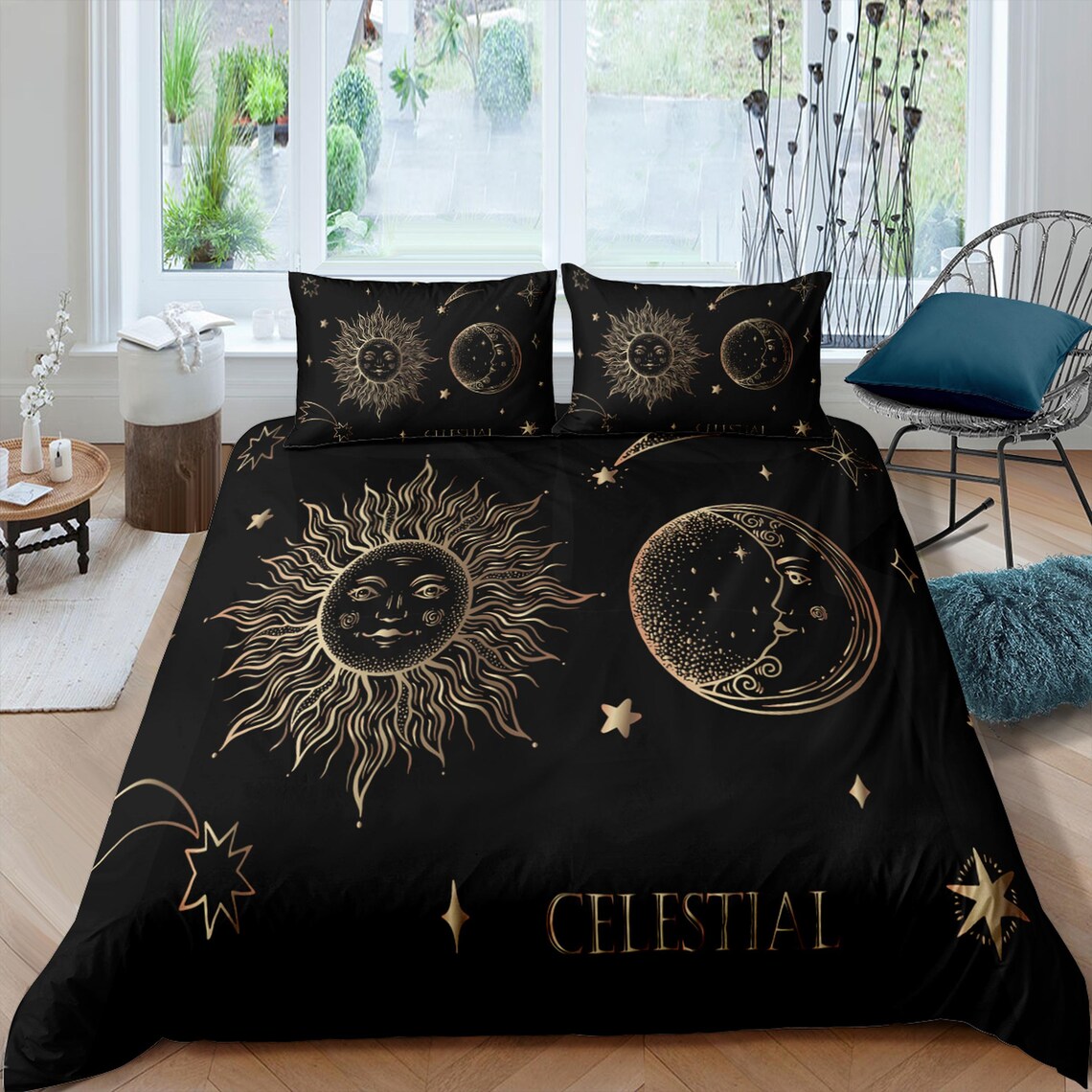 Celestial Bedding Black Sun and Moon Witchy Decor Dorm - Etsy