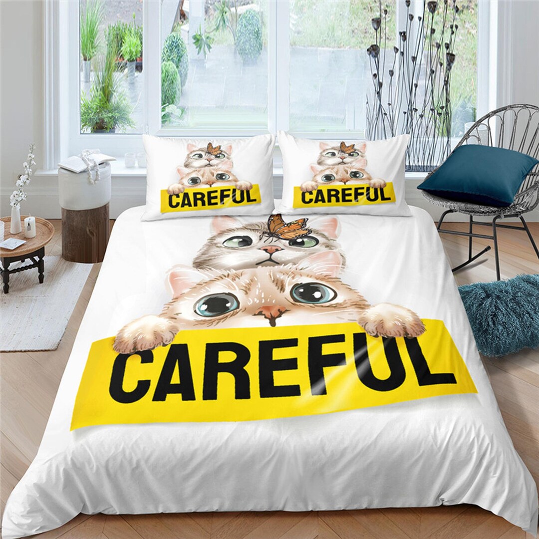 Careful Cat Cotton Duvet Cover Set, Adorable Cartoon Eyes Zipper ...