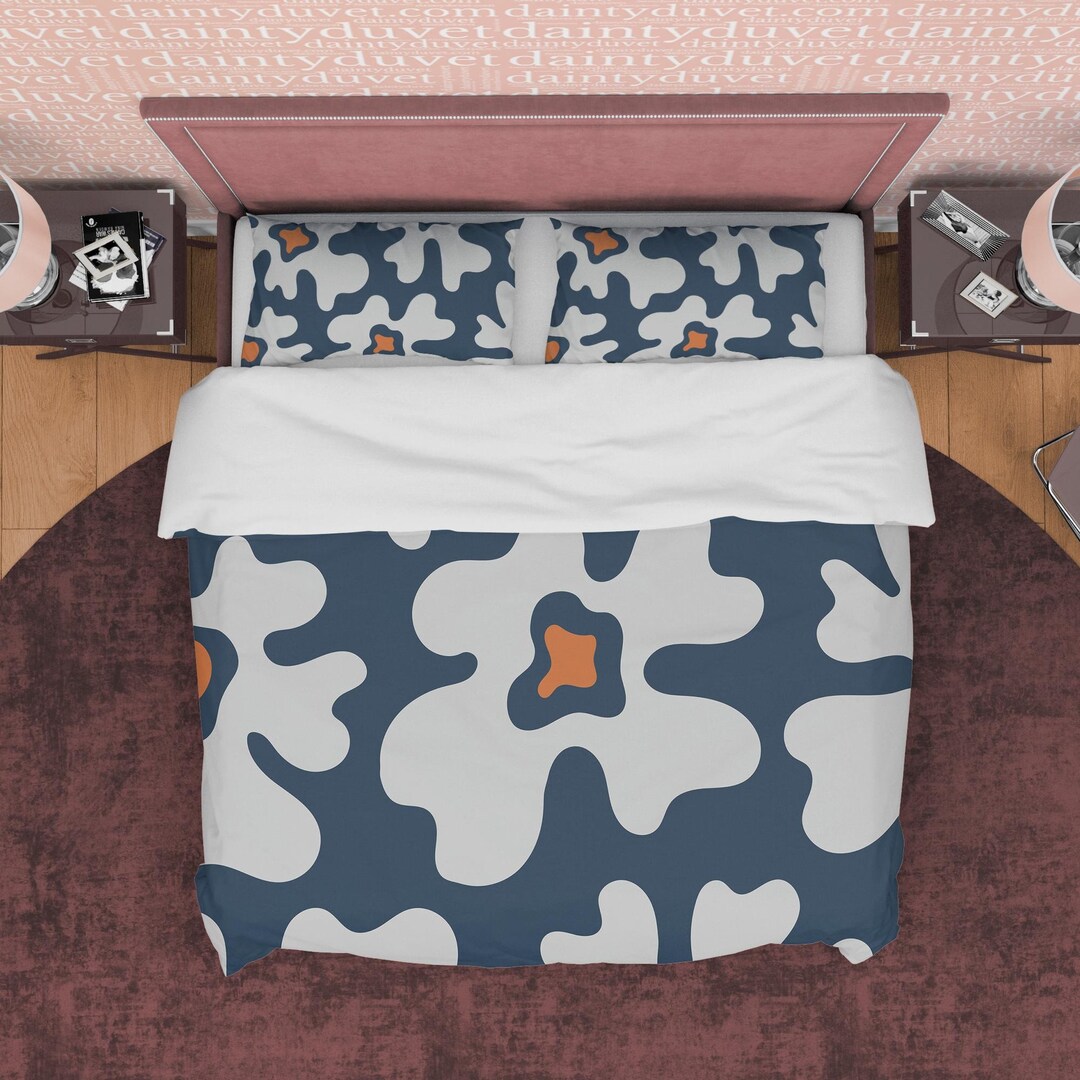 Flowy Shaped White Flowers in Blue Grey Duvet Cover Set, Aesthetic ...
