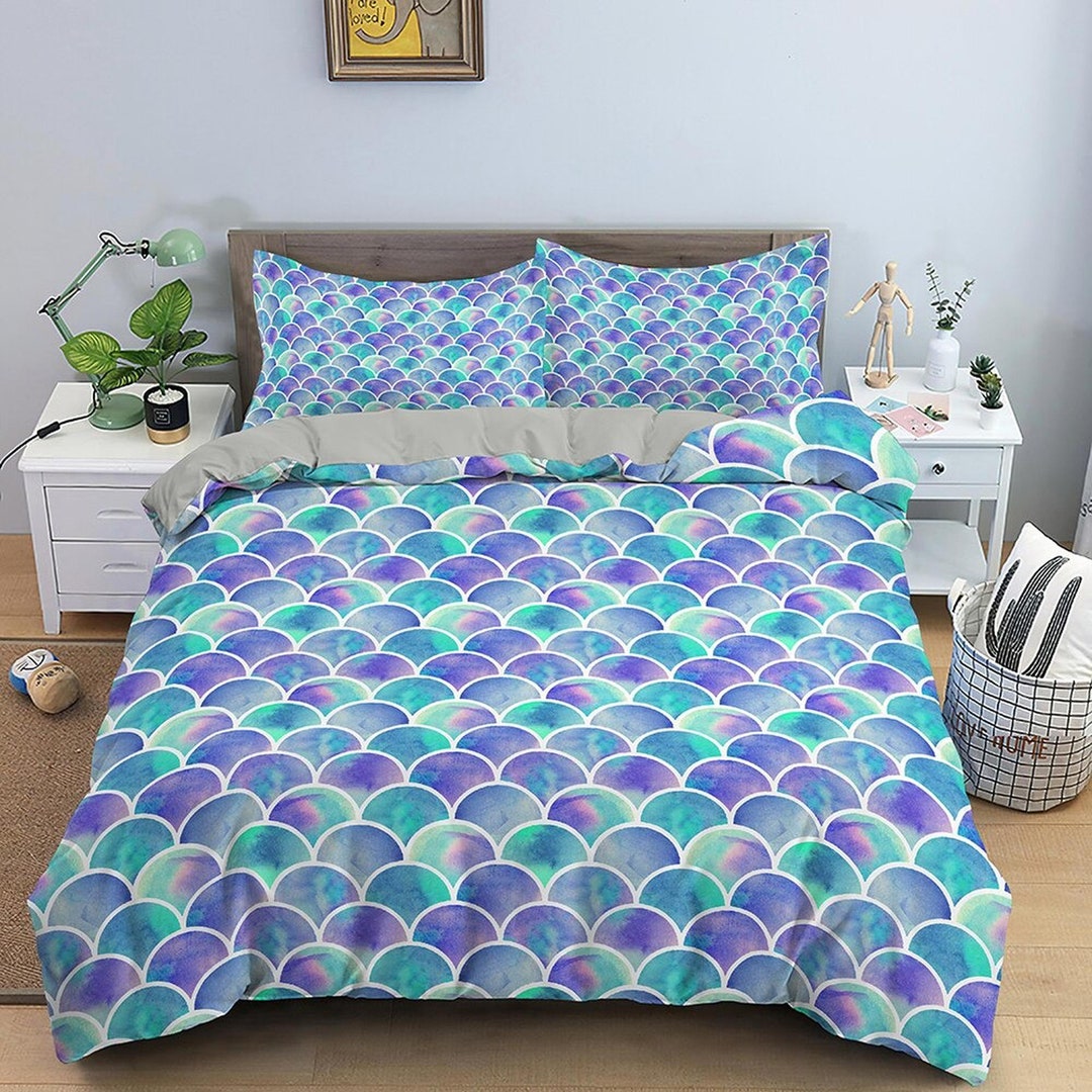 Purple Green Fish Scales Colorful Toddler Bedding, Unique Duvet Cover ...