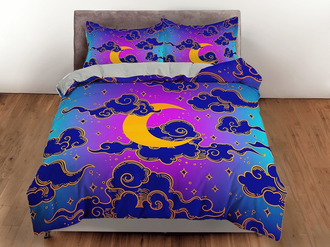 Crescent Moon Cotton Duvet Cover Stars Quilt Cover, Clouds Bedding Set ...