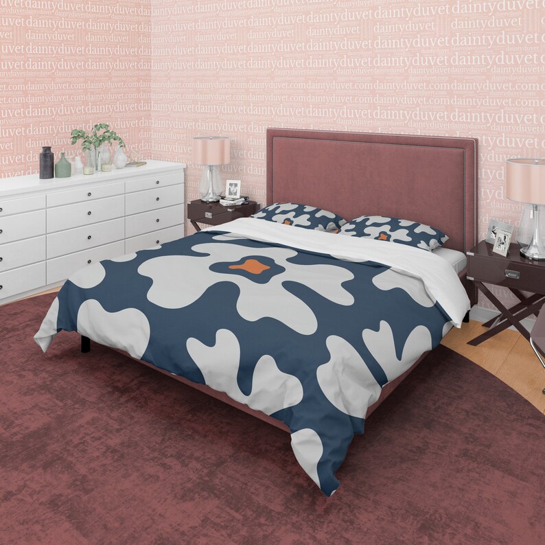 Flowy Shaped White Flowers in Blue Grey Duvet Cover Set - Etsy