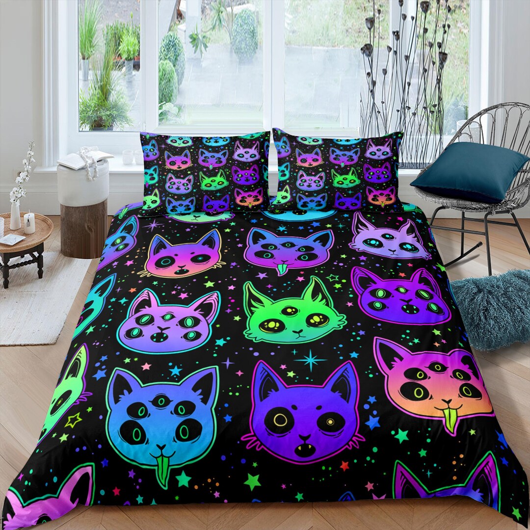 Witchy Cat 90s Neon Halloween Bedding Hippie Retro Duvet Cover Set ...