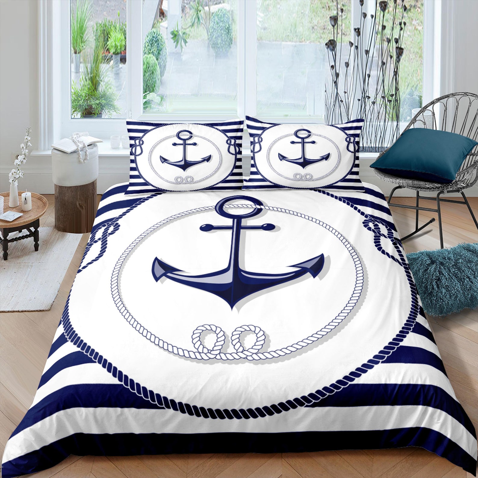 Ship Anchor Striped Nautical Duvet Cover Coastal Grandma Bedding Set ...