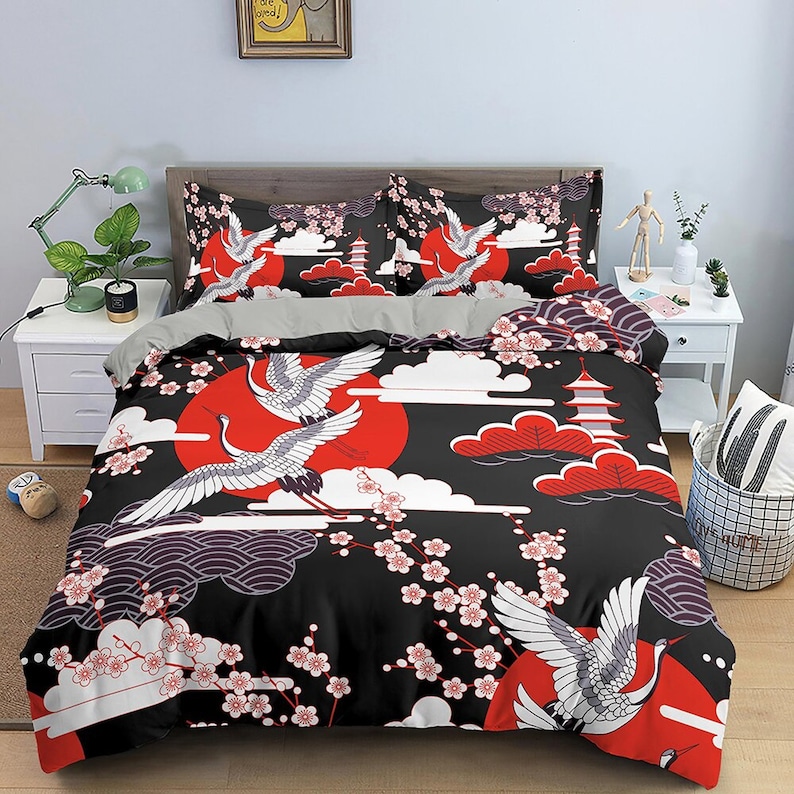 Black and Red Oriental Bedding Set Cover, Crane Bird and Cherry Blossom ...