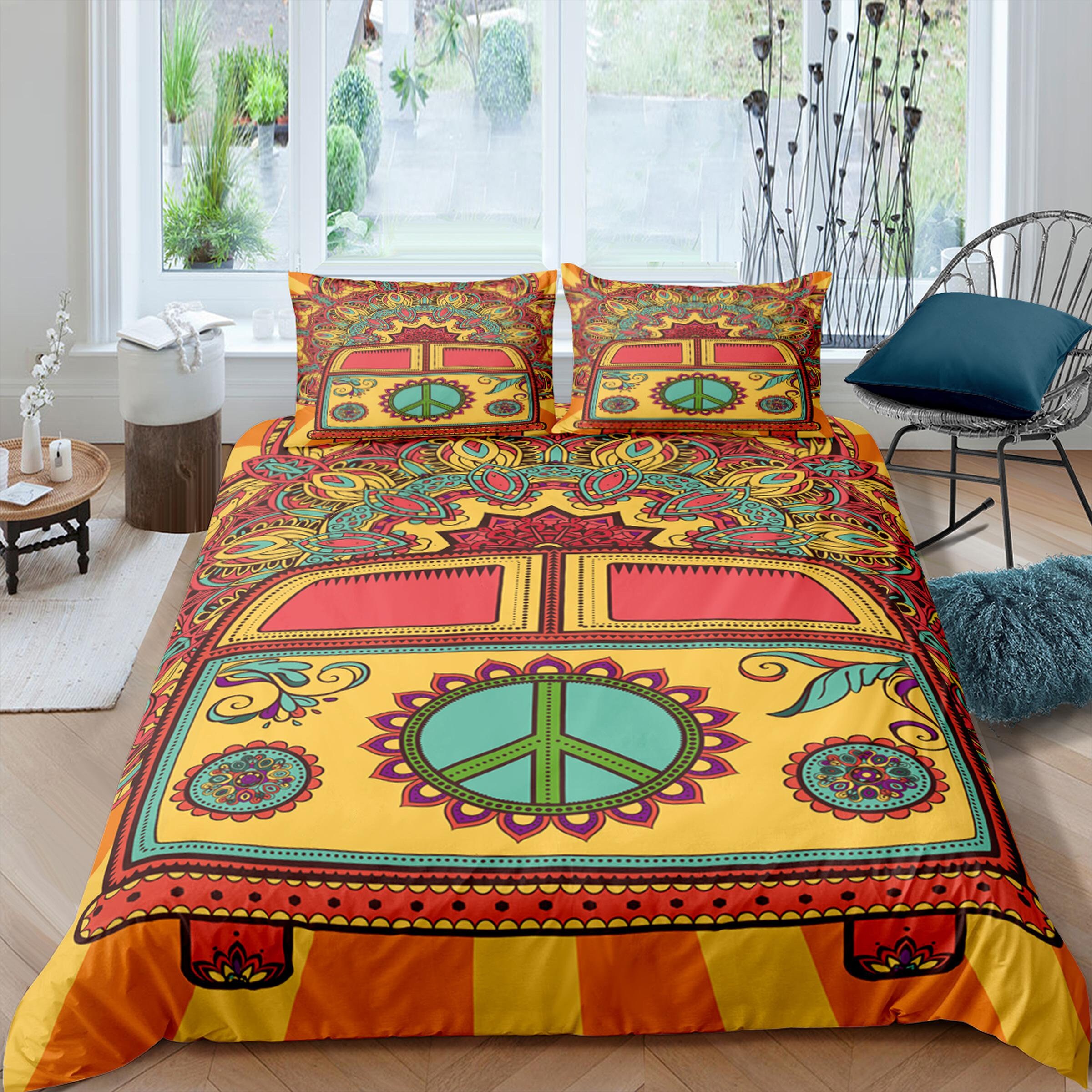 Bus With Peace Sign 90s Nostalgia Hippie Bedding Orange Retro Duvet Cover Set Colorful Bedding Teens and Adult Duvet Cover Maximalist Decor Etsy