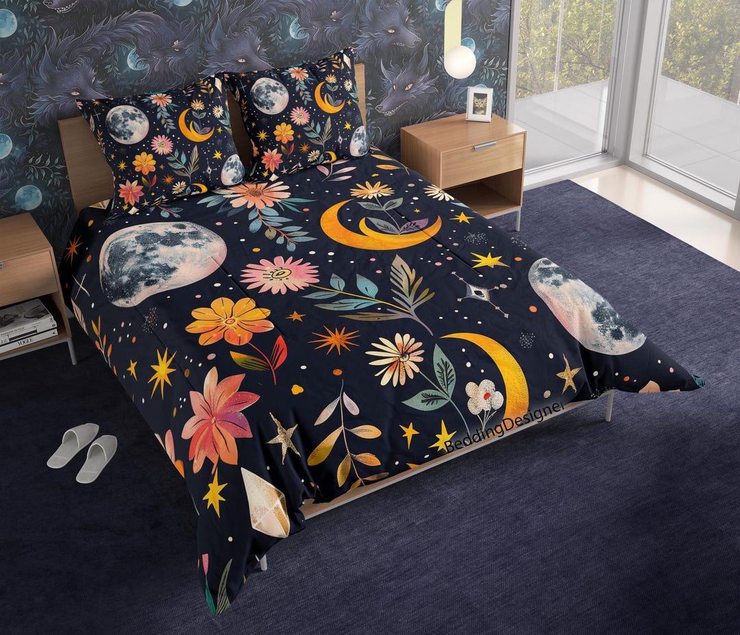 Moon and Stars Comforter, Celestial Bedding, Floral Print Duvet, Space ...