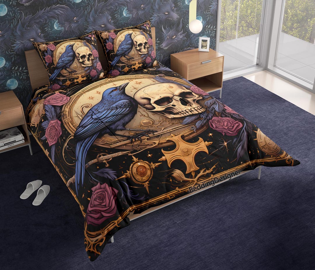 Gothic Raven Comforter, Skull and Rose Bedding, Soft Duvet, Dark ...