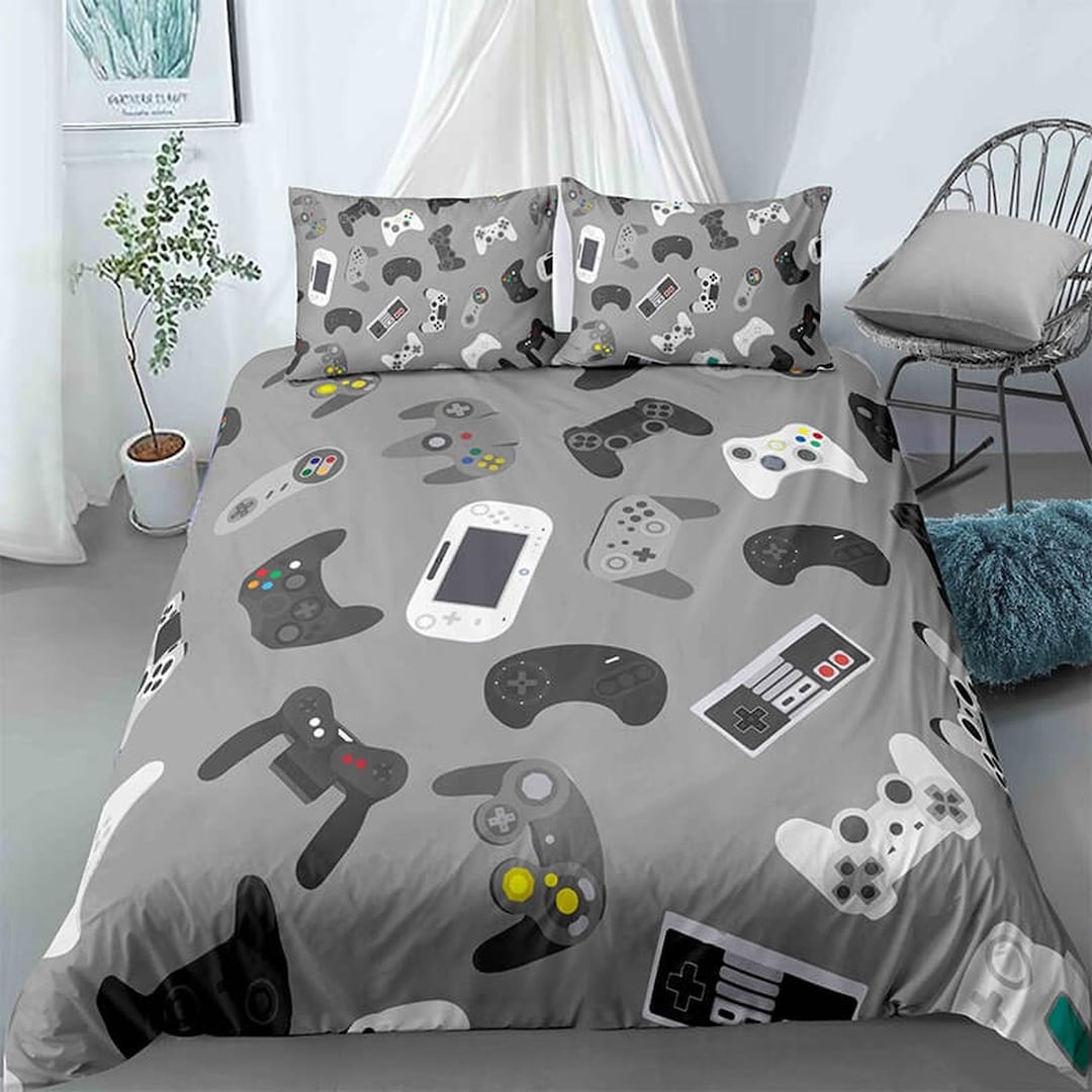 Gamer Gadgets Bedding Grey Duvet Cover, Video Gamer Boyfriend Gift ...