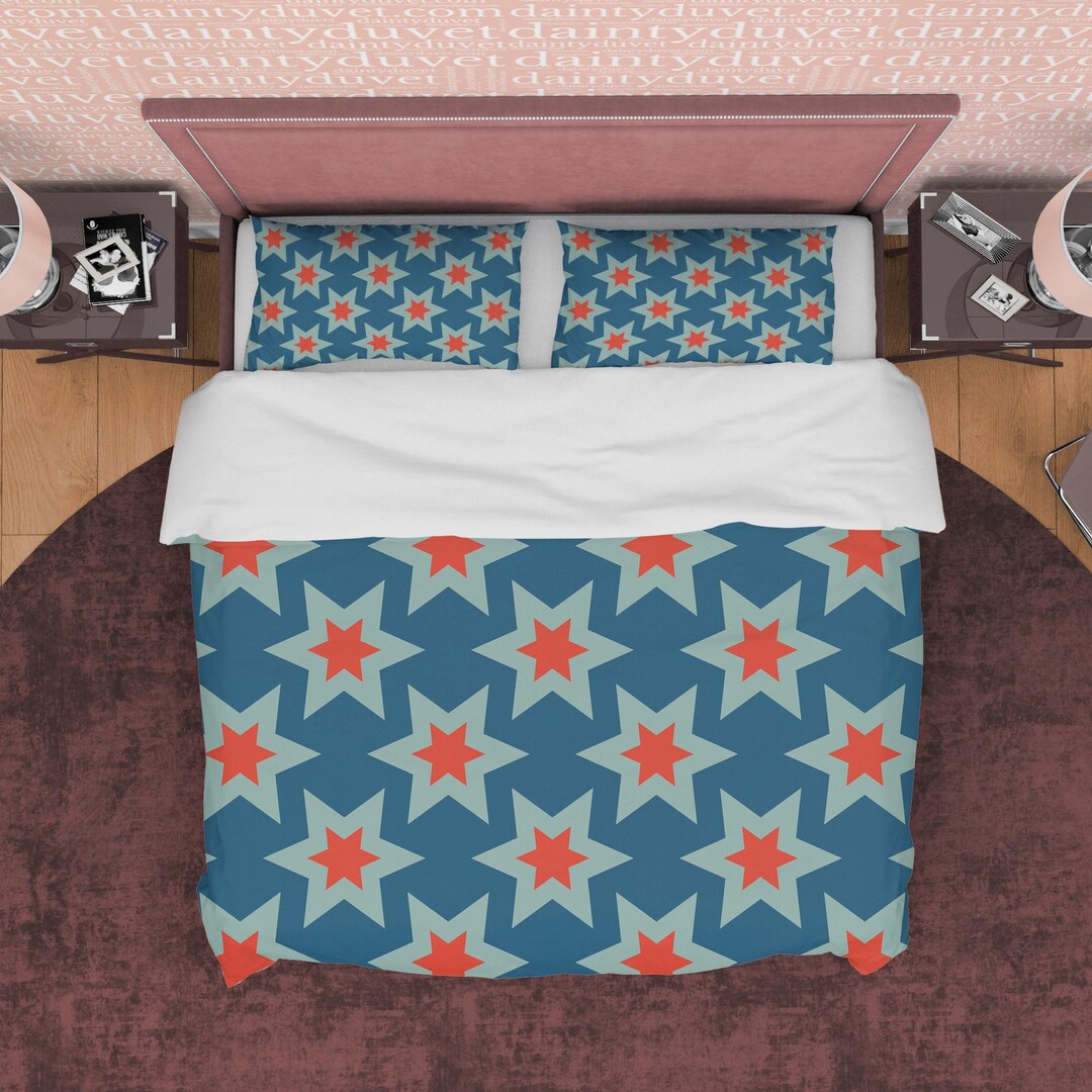 Star Blue Duvet Cover Geometric Quilt Cover, 90s Nostalgia Bedding Set ...