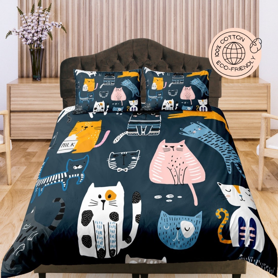 Colorful Cat Duvet Cover Set, Custom Size Dorm Bedding, Eco Friendly ...