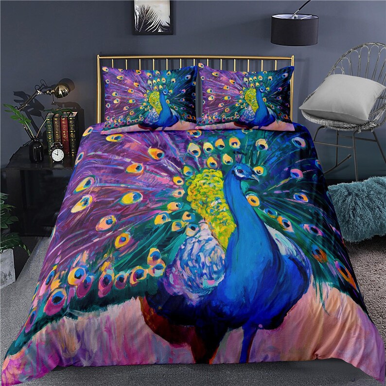 Colorful Peacock Decor Aesthetic Bedding Set Full Luxury Etsy