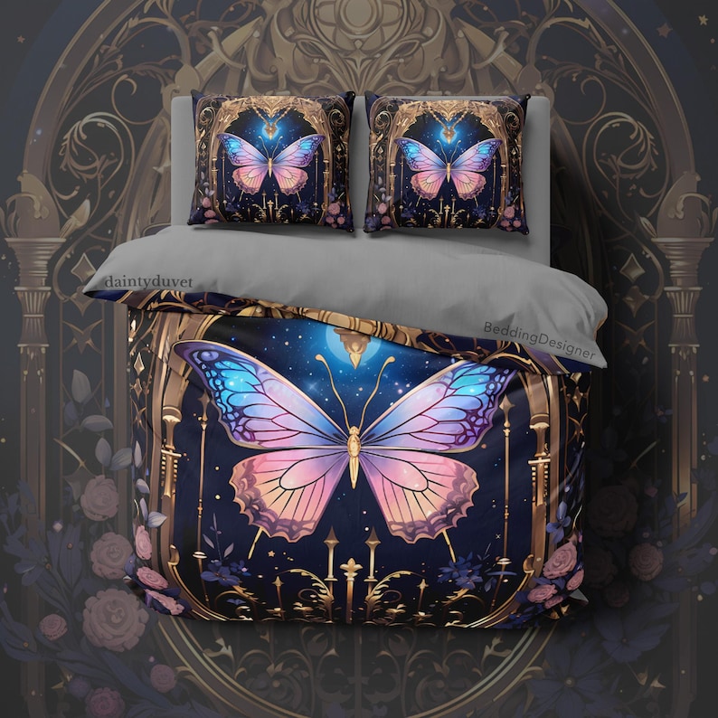 Blue Pink Monarch Butterfly Duvet Cover Dark Royalty Quilt Cover ...