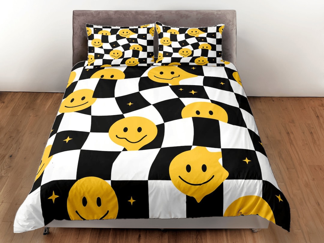 Checkered Cotton Duvet Cover Smile Quilt Cover, Retro Bedding Set 90s ...
