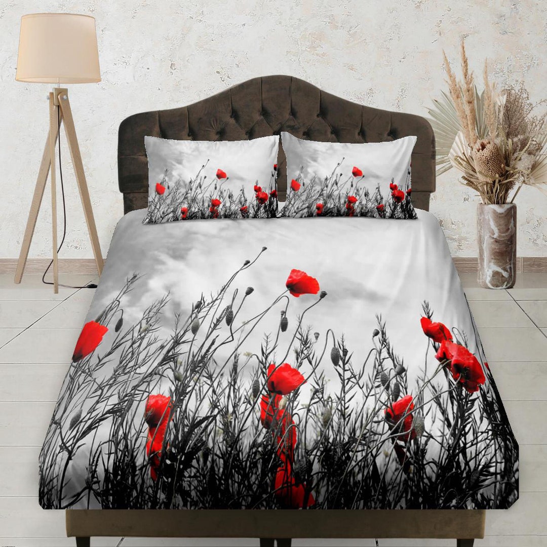 Red Poppy in Monochromatic Scenery Fitted Bed Sheet, Floral Prints ...