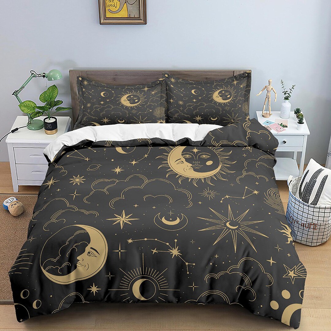 Celestial Black Crescent Moon Bedding Bronze Witchy Decor Dorm Bedding ...