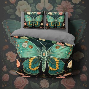 Green Butterfly Whimsigothic Duvet Cover Set Dark Witchcore Bedding ...