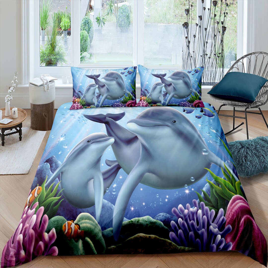 Cute Mom and Child Bottle Nose Dolphin Bedding Duvet Cover, Ocean Blush ...