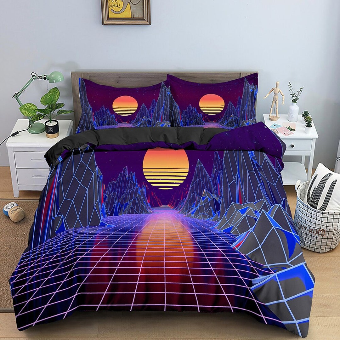 Dark Colored Vaporwave Bedding With Mountains and Sunset, Cool Hippie ...