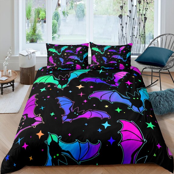 Retro Stars and Bats 90s Neon Halloween Bedding Hippie Duvet - Etsy