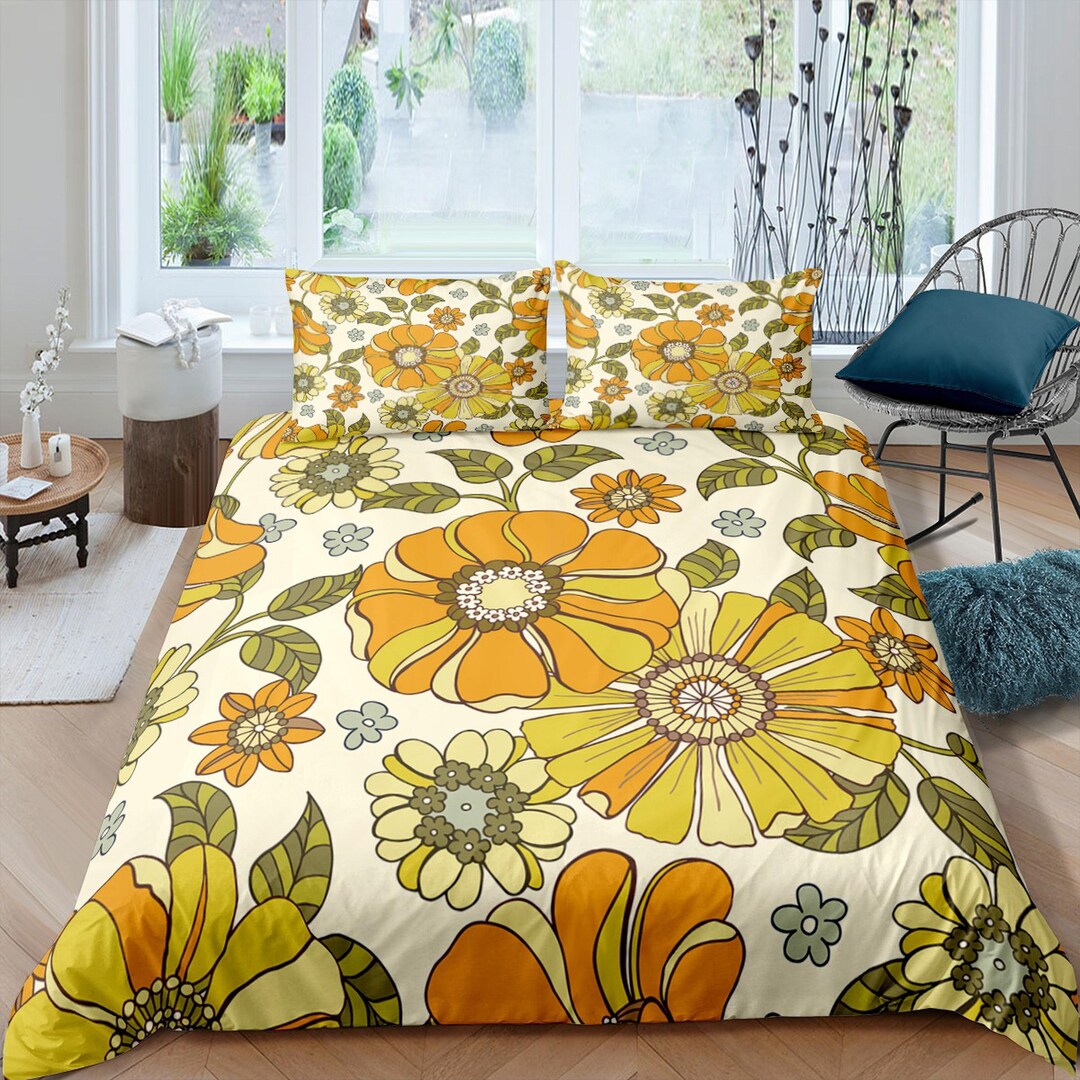 Orange Daisies Retro Bedding Mid Century Modern Floral Duvet Cover ...