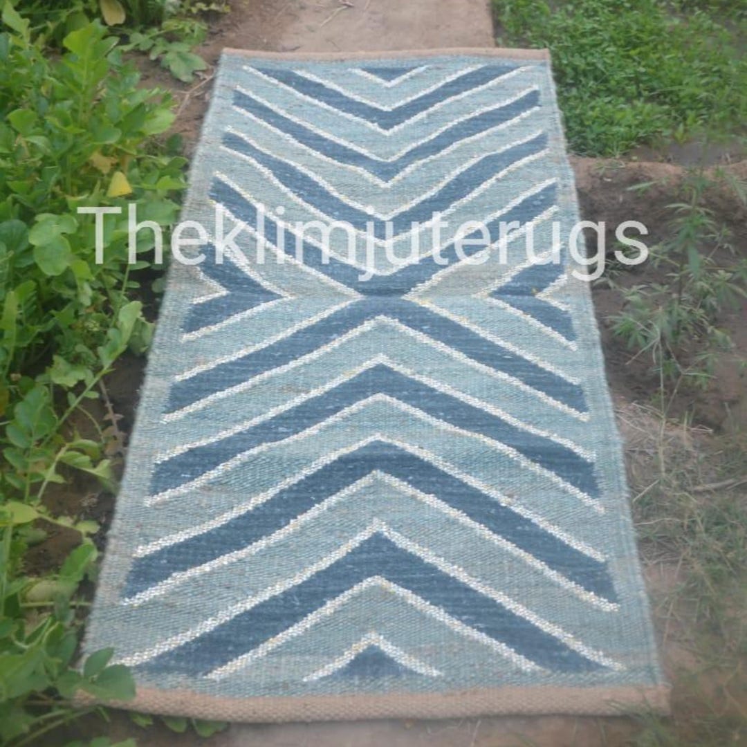 Blue With White Stair Jute Runner High Quality Rug, Natural Fiber Jute ...