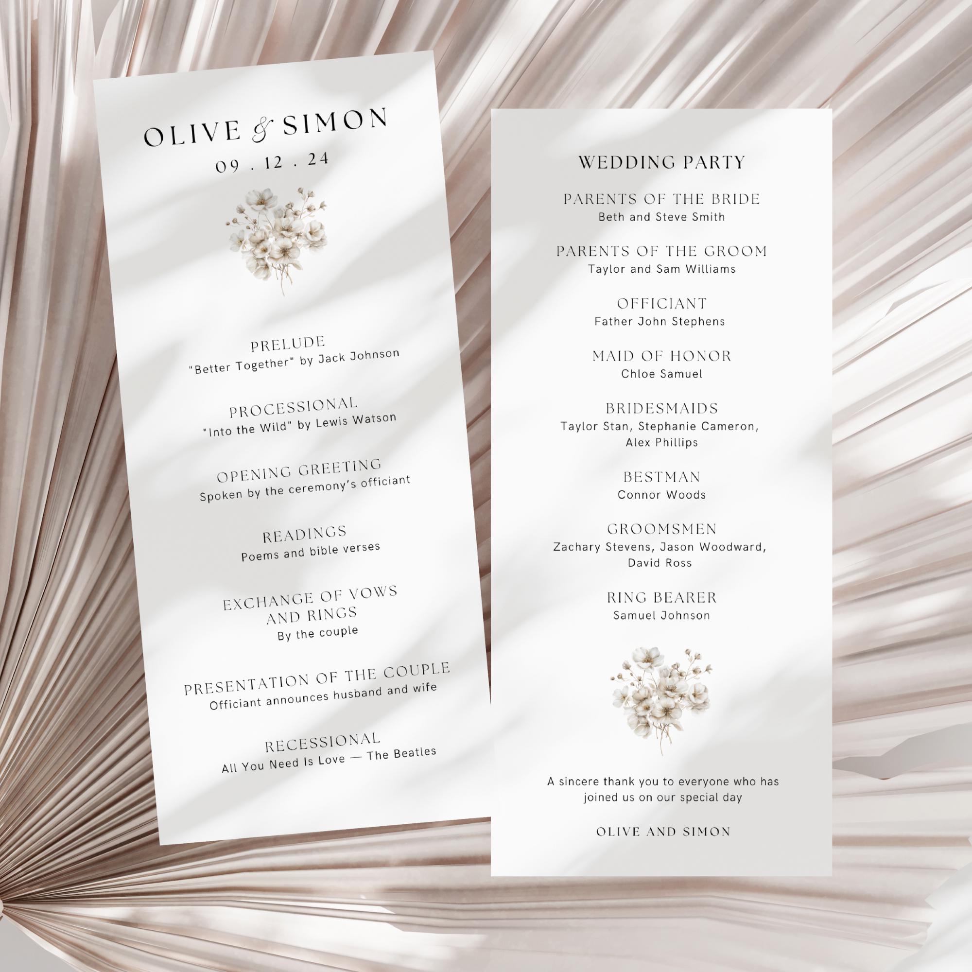 Minimalist Wedding Program Template, Modern Wedding Program Card ...